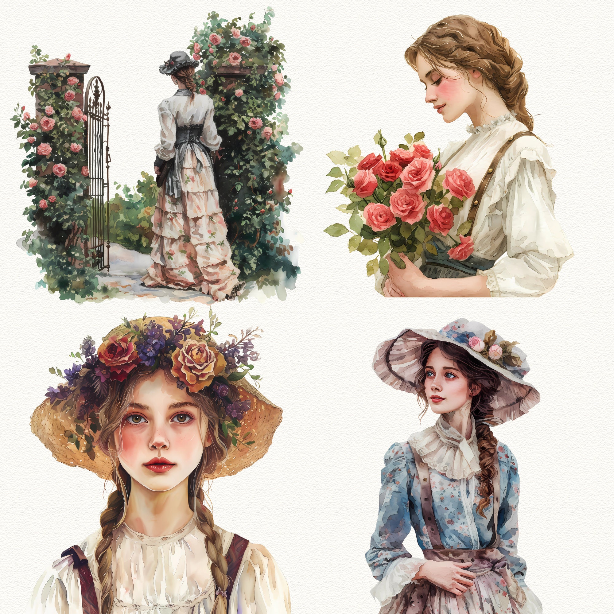 26 PNG Vintage Victorian Girls Watercolor Clipart: Victorian Vintage ...