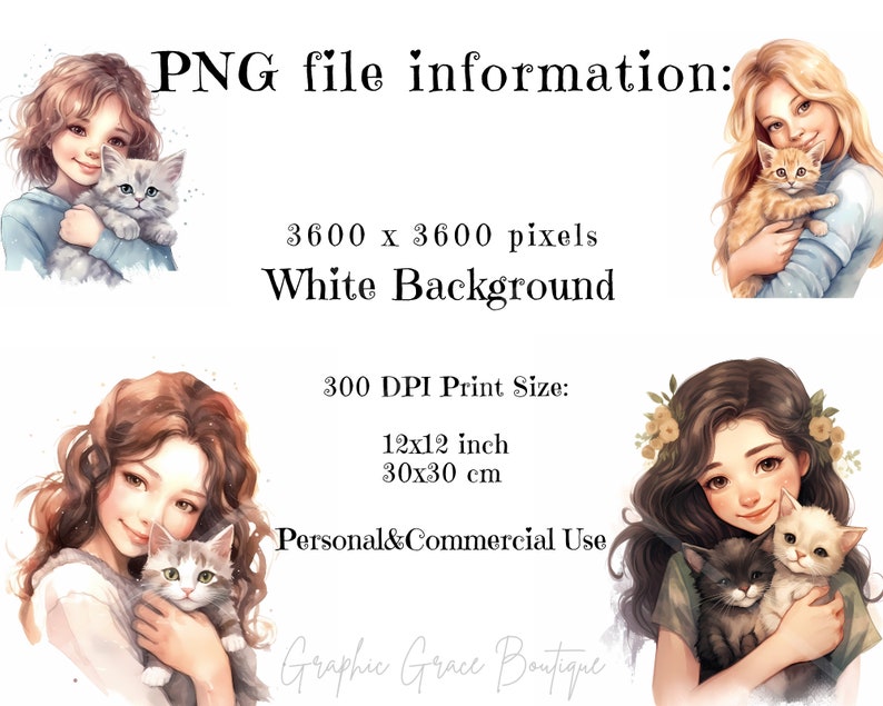 Watercolor Girls and Cats Clipart Bundle: High-resolution Pngs for ...