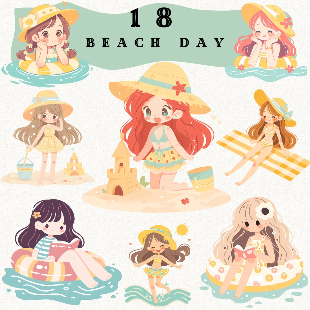 Beach Day Girls Digital Sticker Clipart, Summer Clip Art Png, Beach ...