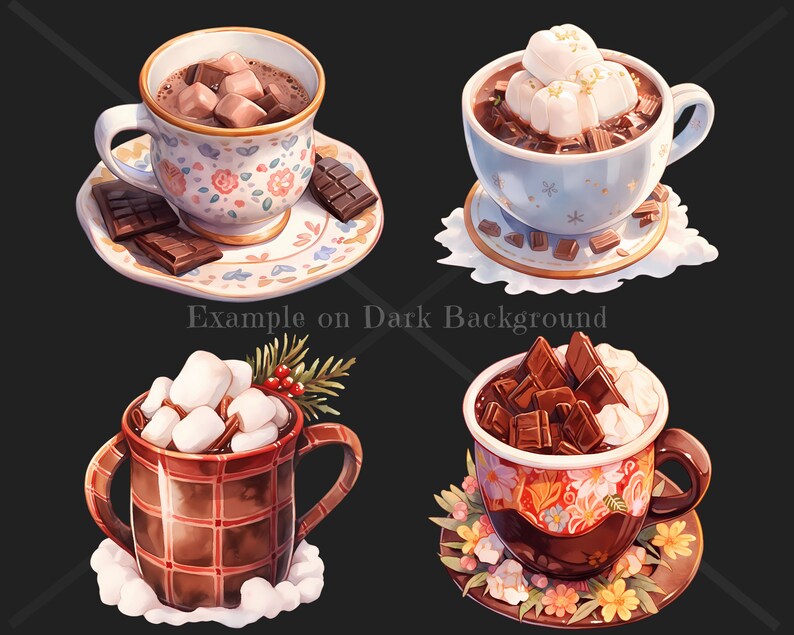 Watercolor Hot Cocoa Clipart: Boho Mugs, Marshmallow Designs (300 PPI ...