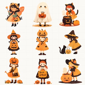 Halloween Girl Clipart Bundle: Watercolor Witch, Pumpkin, Ghost (PNG ...