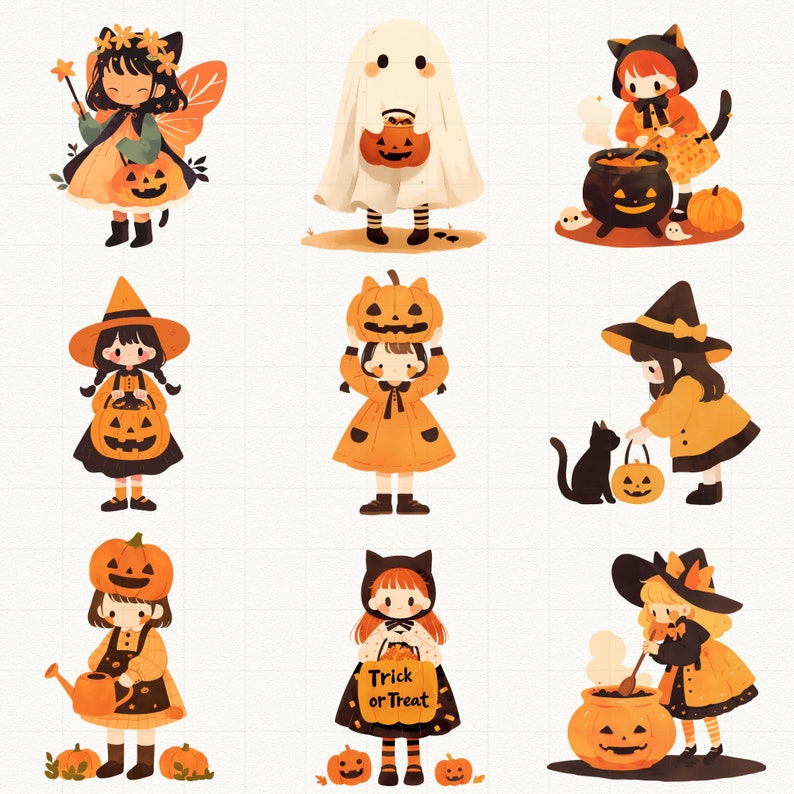Halloween Girl Clipart Bundle: Watercolor Witch, Pumpkin, Ghost (PNG ...