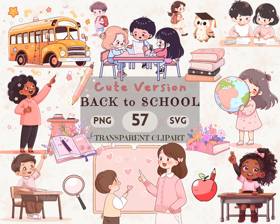 Back to School Clipart Bundle - 57 Cute Cartoon Illustrations, Cute ...