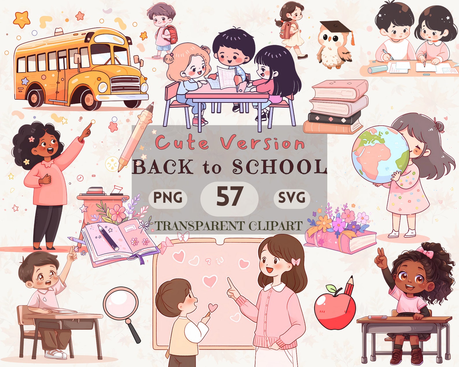 Back to School Clipart Bundle 57 Cute Cartoon Illustrations, Cute Kids ...