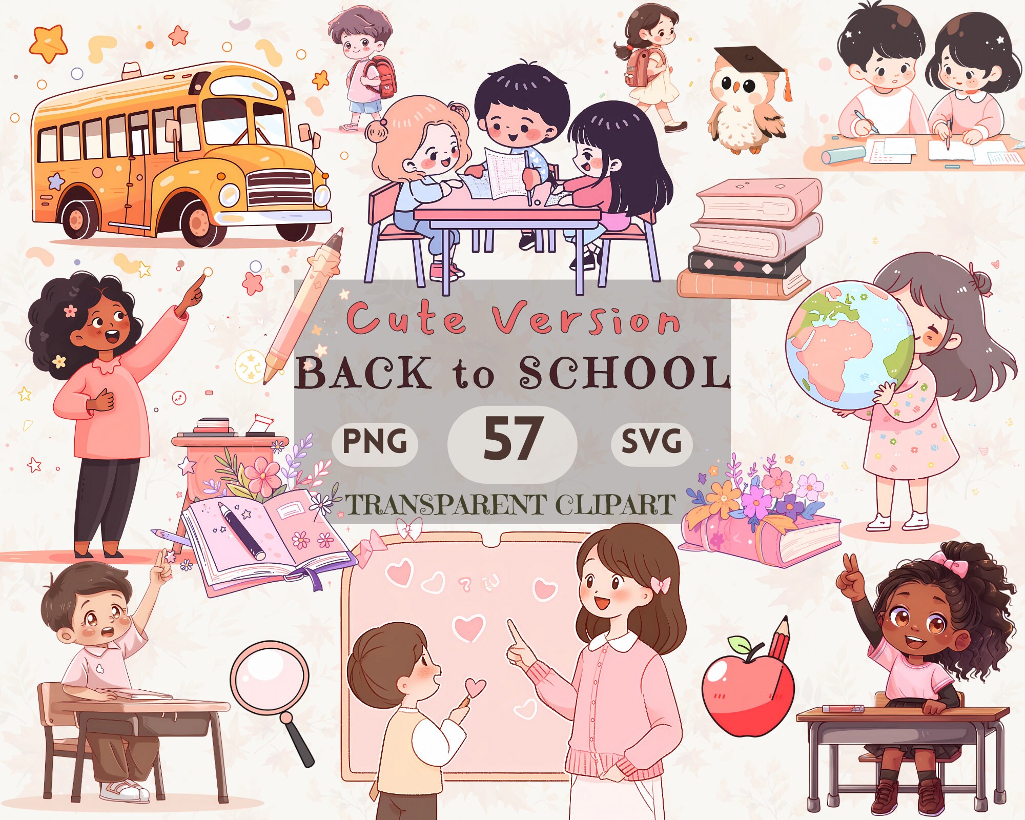 Back to School Clipart Bundle 57 Cute Cartoon Illustrations, Cute Kids ...