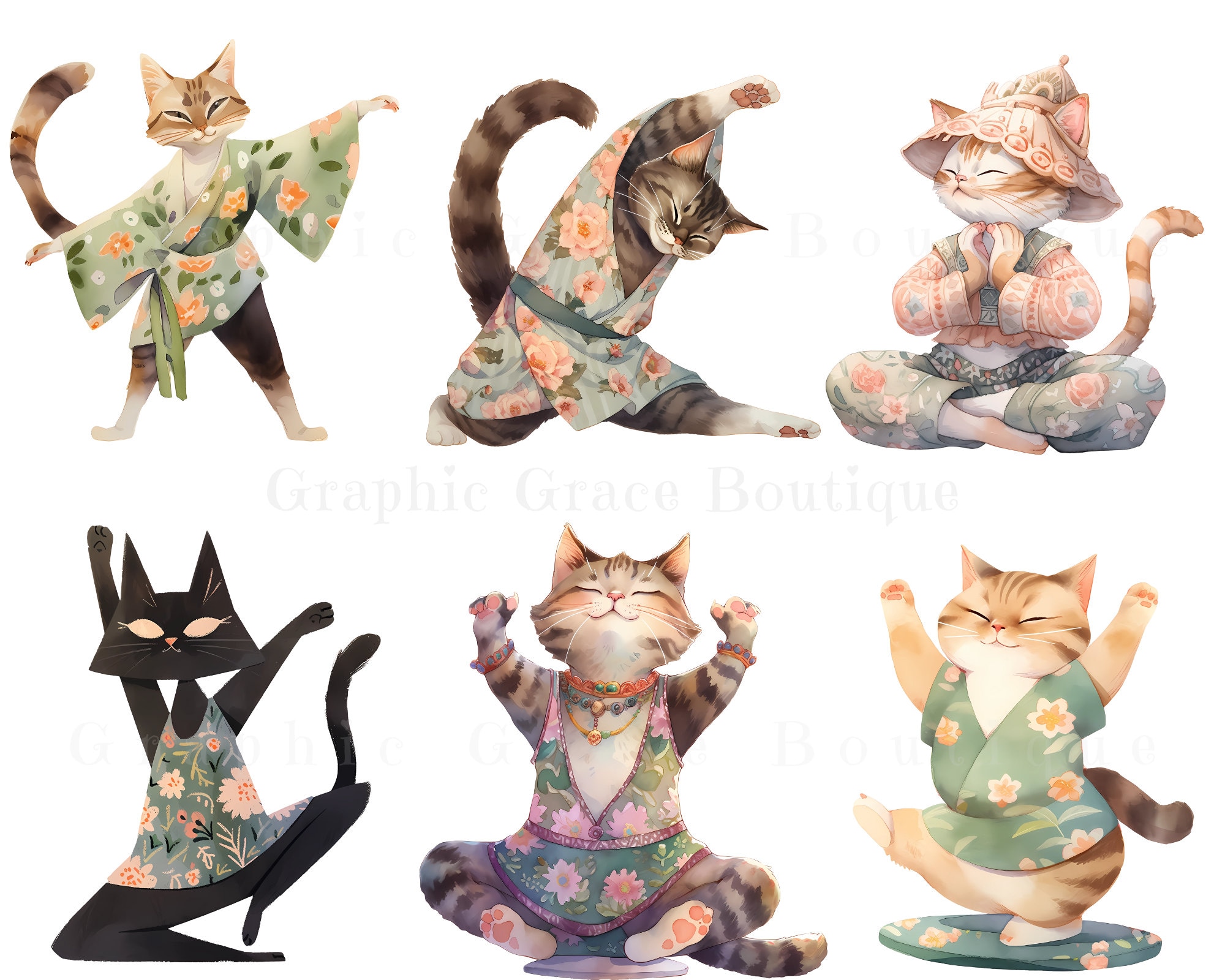 Watercolor Yoga Cats Clipart Bundle, Spiritual Feline Yoga Poses ...
