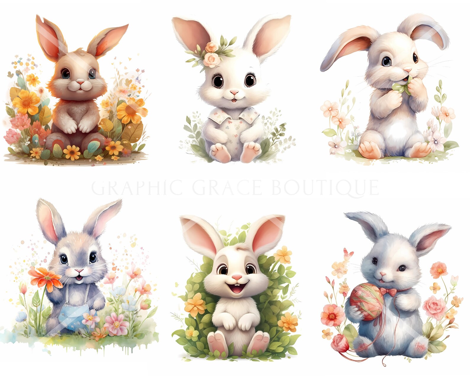 Adorable Bunny Watercolor Clipart Bundle Digital PNG Images for ...