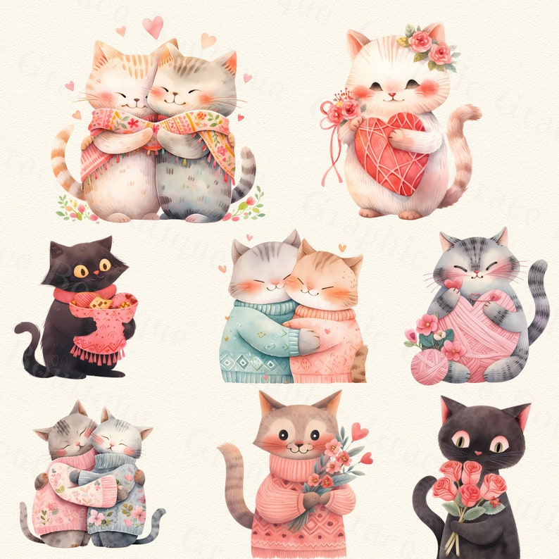 Watercolor Cat Couple Clipart: Valentine's Nursery PNG (22x) - Etsy