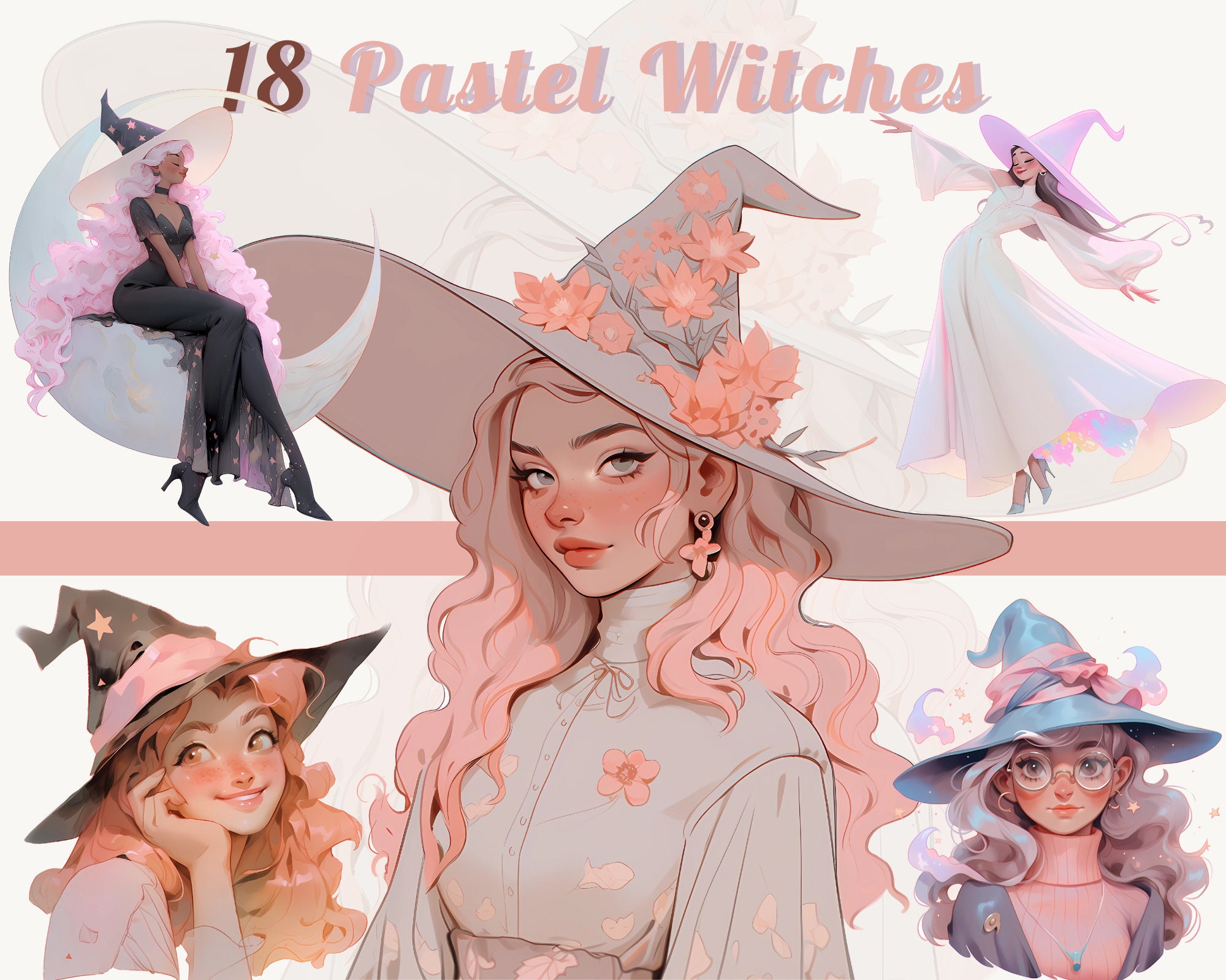 Pastel Witches Clipart Bundle PNG Pastel Witches Art, Adorable Pastel ...