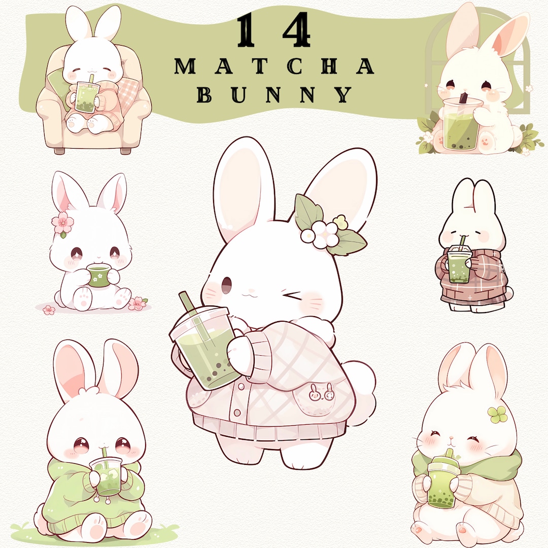 Cute Matcha Bunny Digital Stickers, Cozy Green Drink Clipart Journaling ...