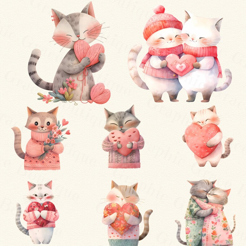 Watercolor Cat Couple Clipart: Valentine's Nursery PNG (22x) - Etsy