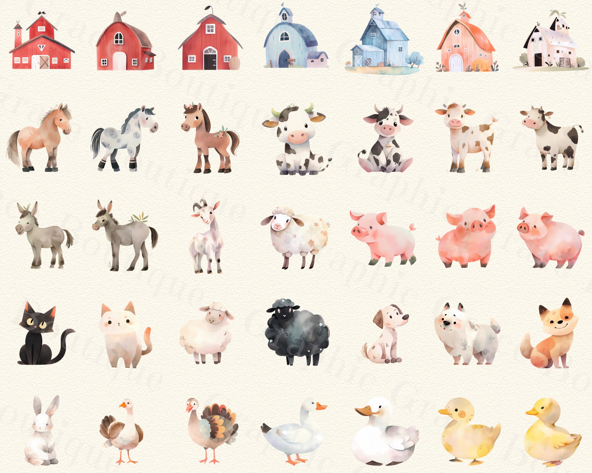 Watercolor Adorable Farm Clipart, Farm Animals Watercolor Digital ...