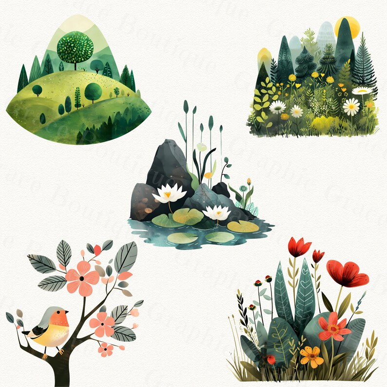 Spring Landscape Clipart: 30 Flowery Nature Designs (instant Download ...