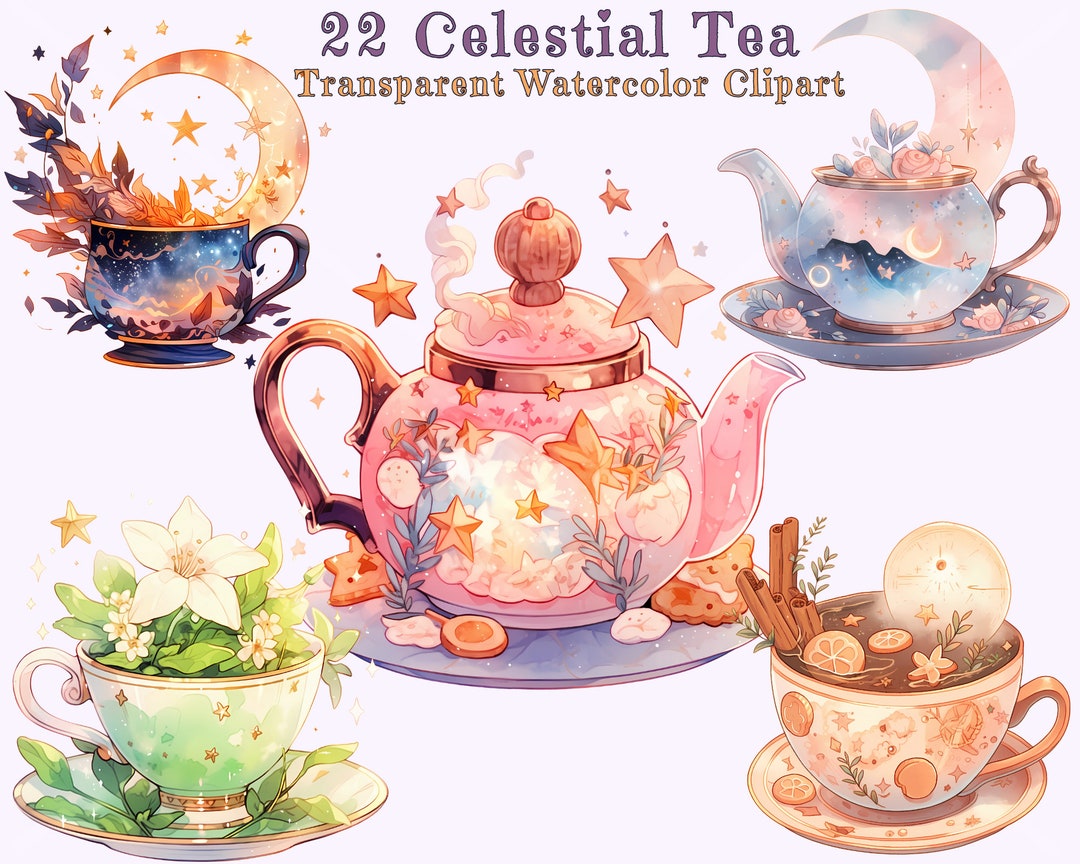 Enchanting Celestial Tea Time Clipart Bundle - 22 Watercolor ...