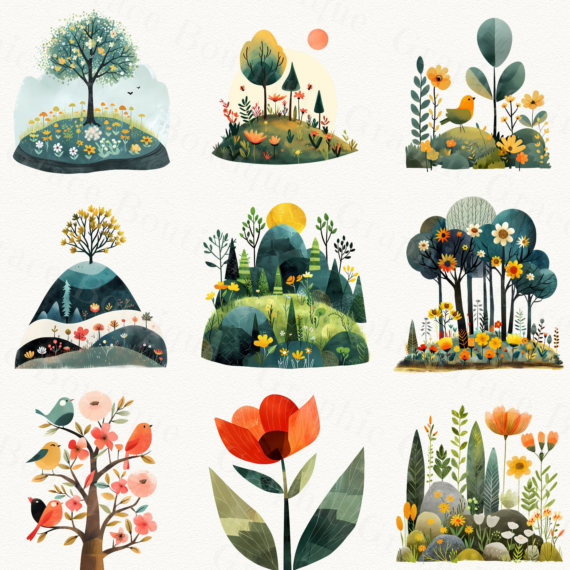 Spring Landscape Clipart: 30 Flowery Nature Designs (instant Download ...
