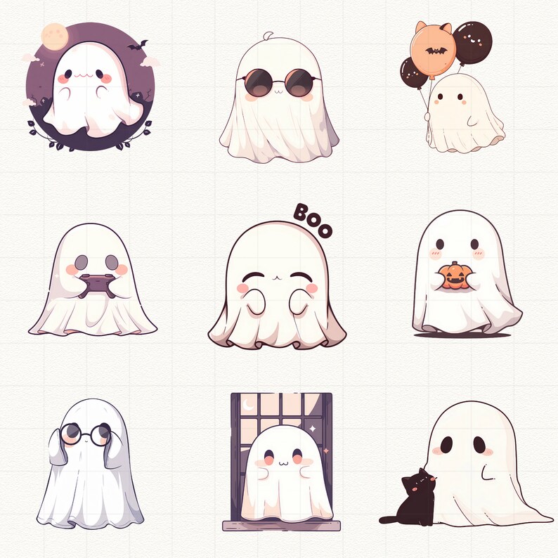 Adorable Ghost Clipart Bundle: Kawaii Halloween Pngs (digital Sticker ...