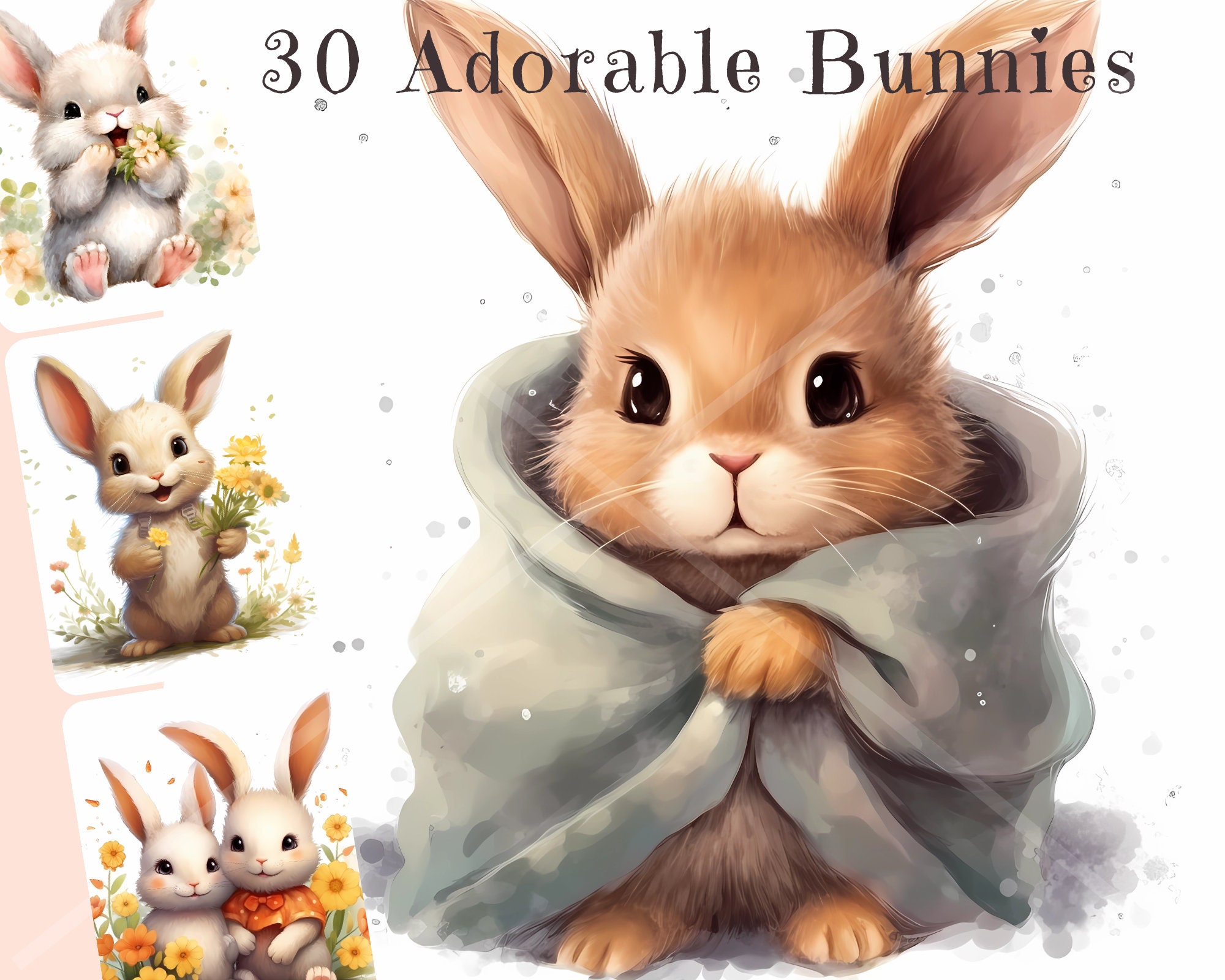 Adorable Bunny Watercolor Clipart Bundle Digital PNG Images for ...