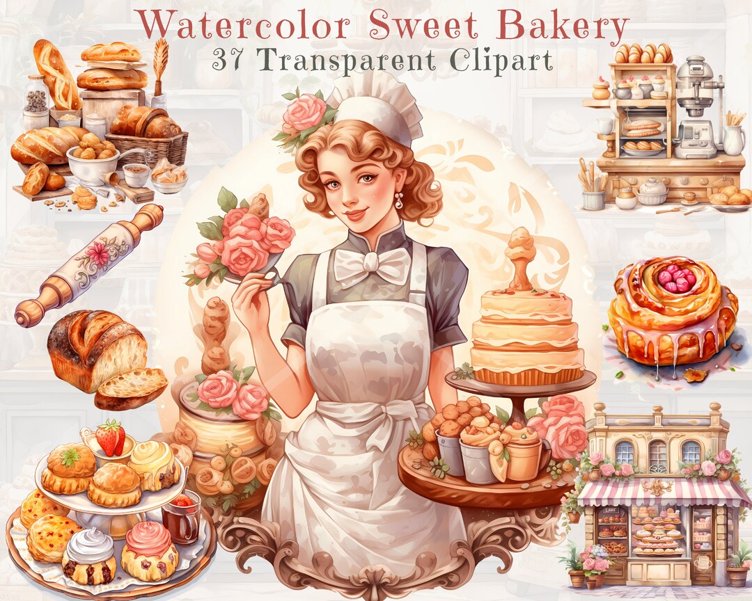 Sweet Bakery Clipart Bundle -watercolor Pastries, Croissants, Baguettes ...