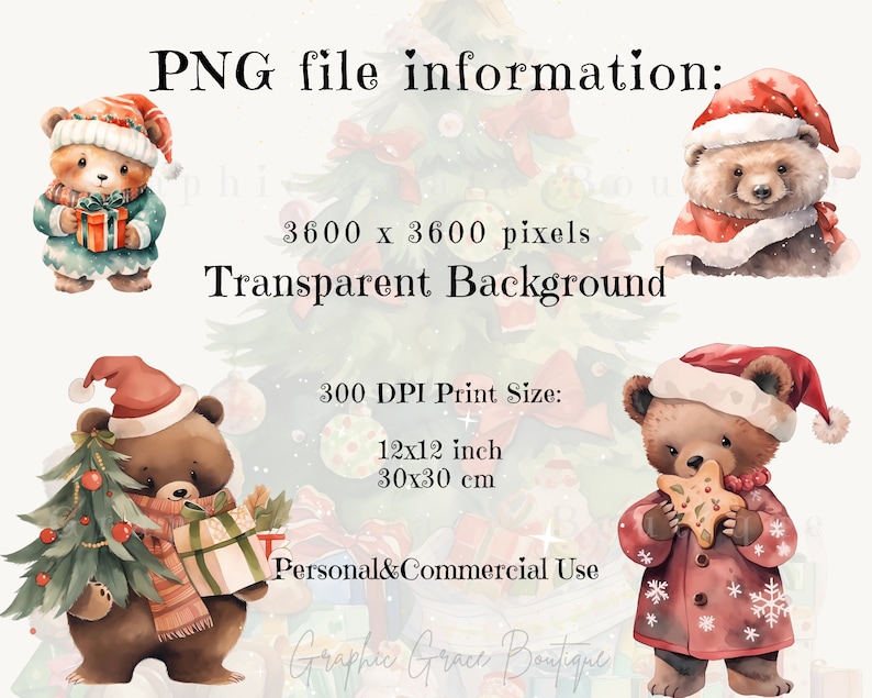 Watercolor Christmas Bears Clipart Bundle: Cute Bears in Winter ...