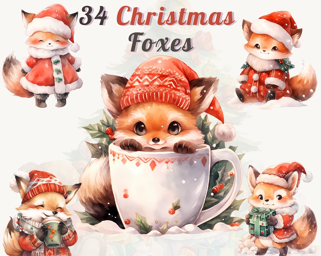 Watercolor Christmas Foxes Clipart Bundle: Winter Nursery Decor (PNG ...