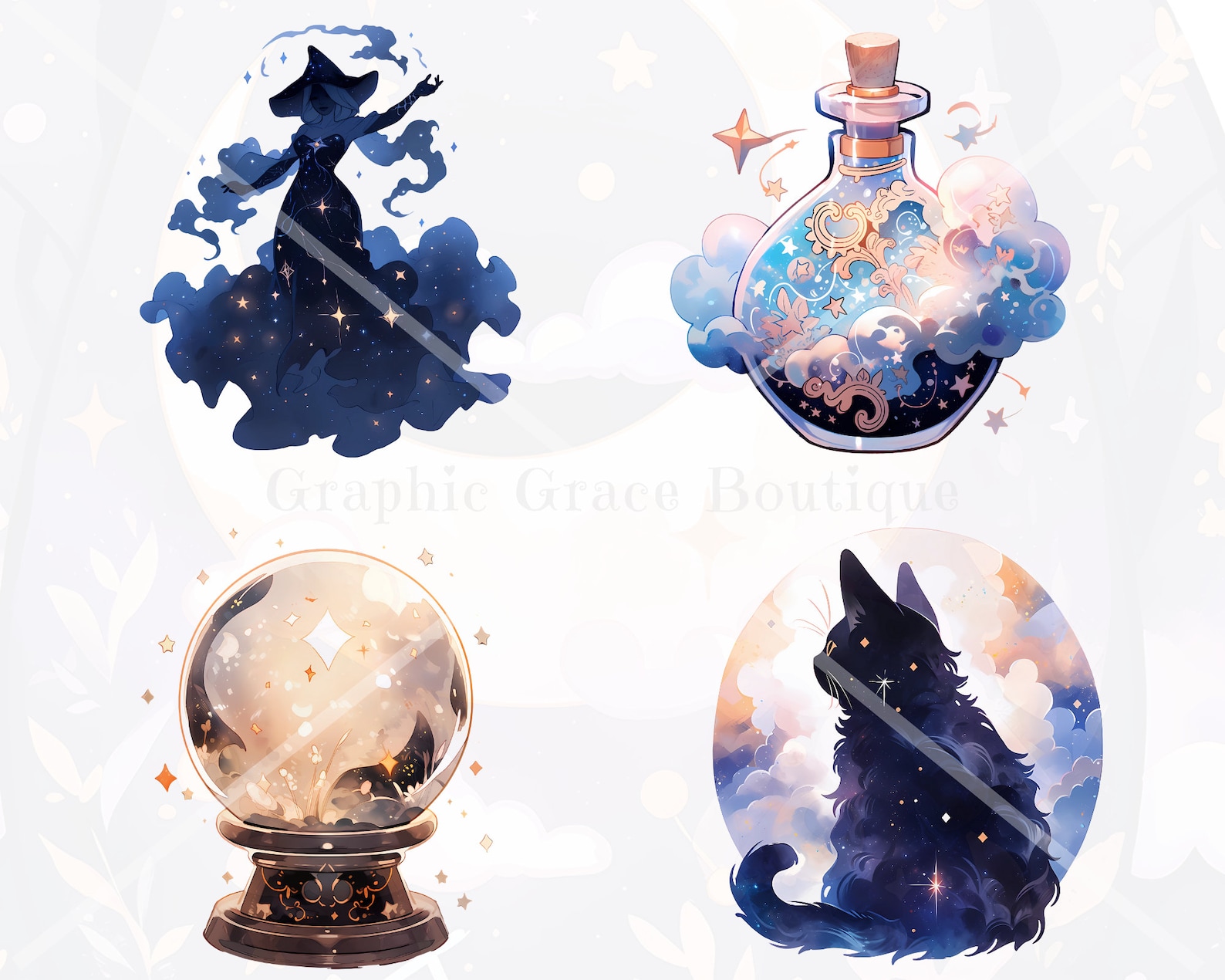 Celestial Witch Theme Clipart Bundle: Watercolor Witches, Celestial ...