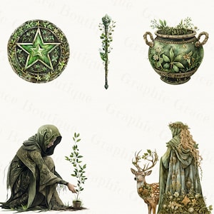 Earth Witch Watercolor Clipart Bundle: Green Herbal Art (PNG, Instant ...