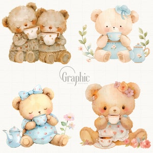 Watercolor Tea Time Teddy Bear Clipart, Pastel Nursery Teddy Bear ...