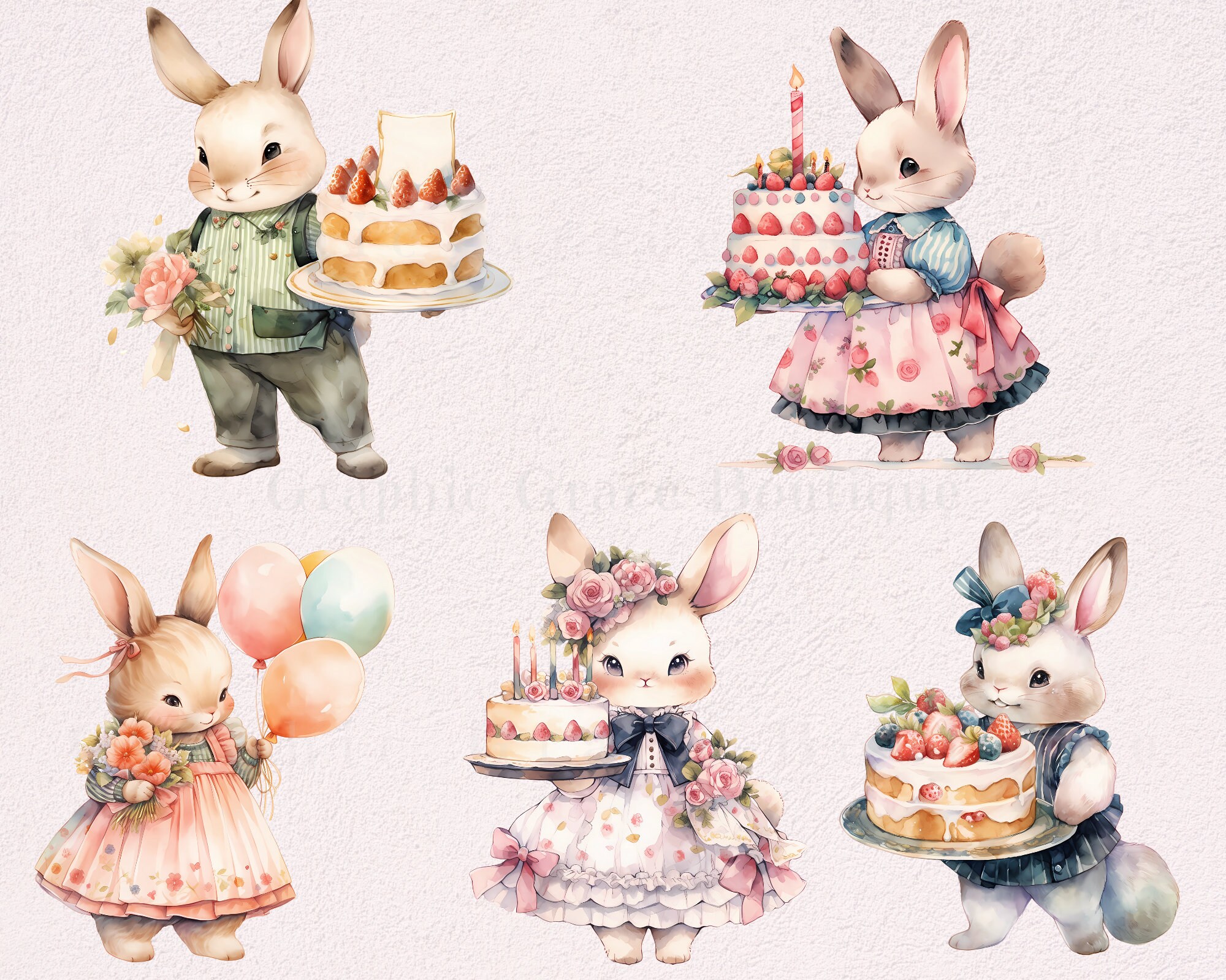 Birthday Bunny Clipart Bundle SVG and PNG Watercolor Bunnies - Etsy