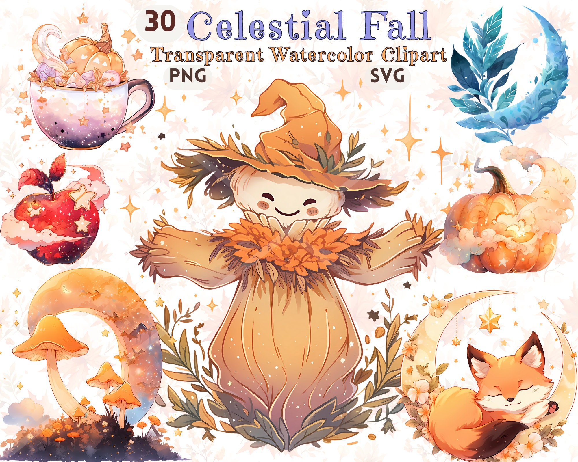 Celestial Fall Watercolor Clipart Bundle: 30 Autumn-themed PNG & SVG ...