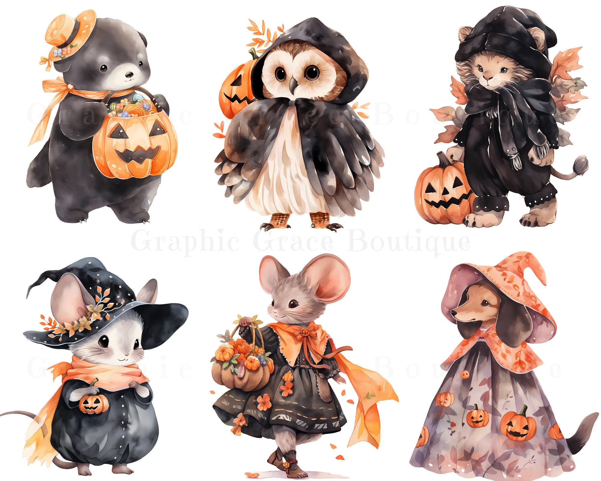Adorable Halloween Animals Clipart Cute Watercolor Cats - Etsy
