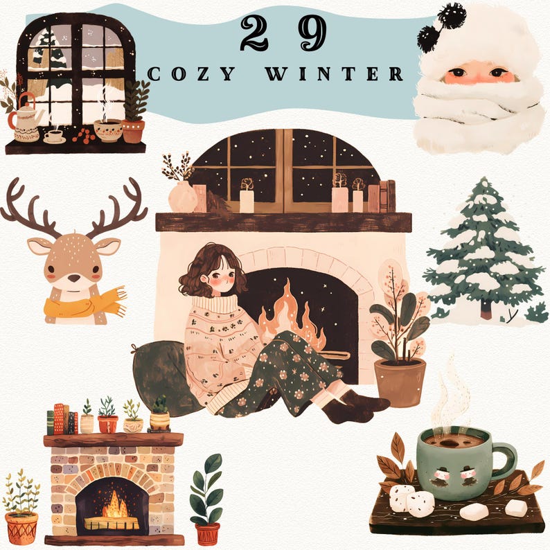 Cozy Winter Clipart: Snowy PNG Stickers for Journaling (digital ...