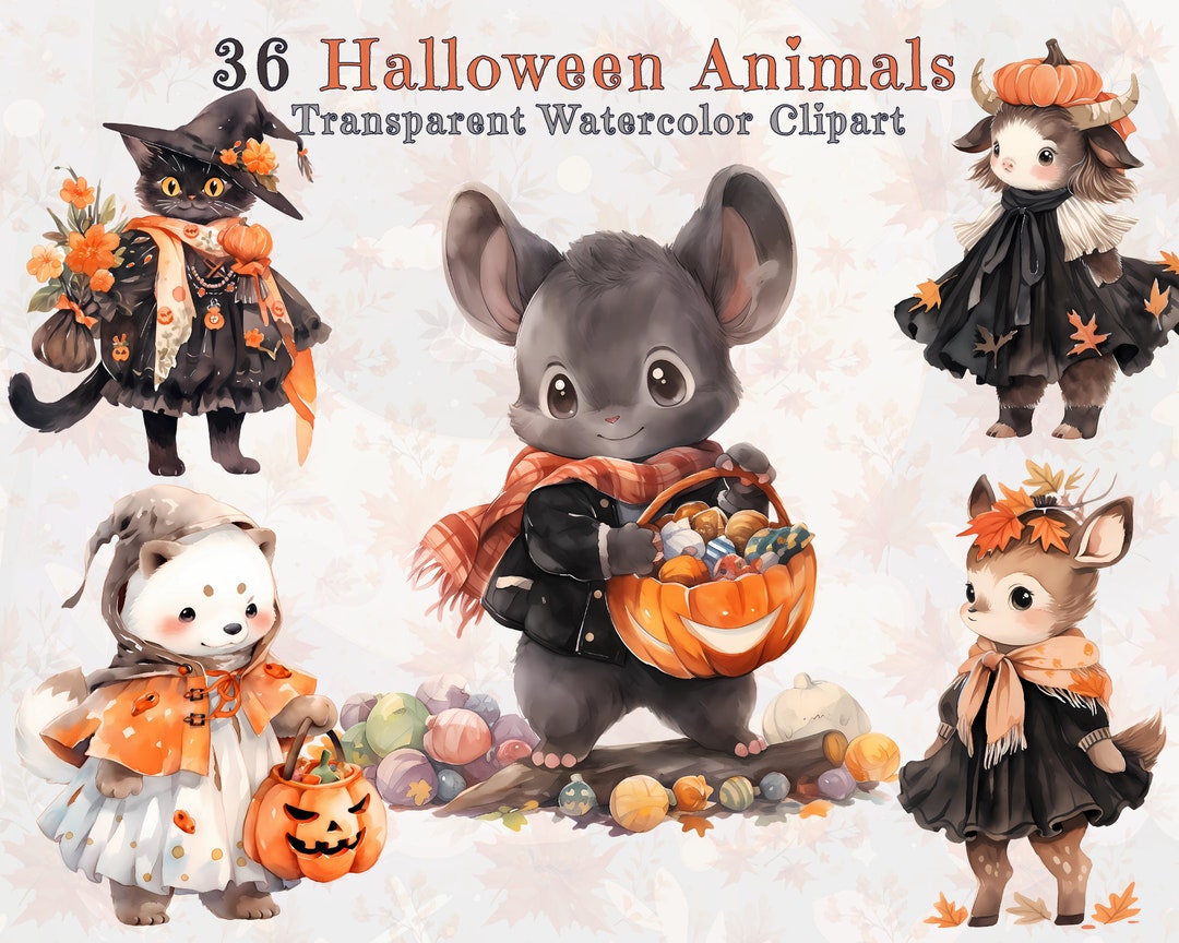 Adorable Halloween Animals Clipart - Cute Watercolor Cats, Dogs, Owls ...