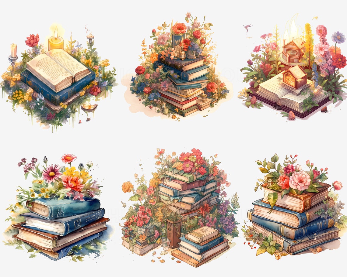 Watercolor Floral Books Digital Clipart Bundle PNG Images - Etsy