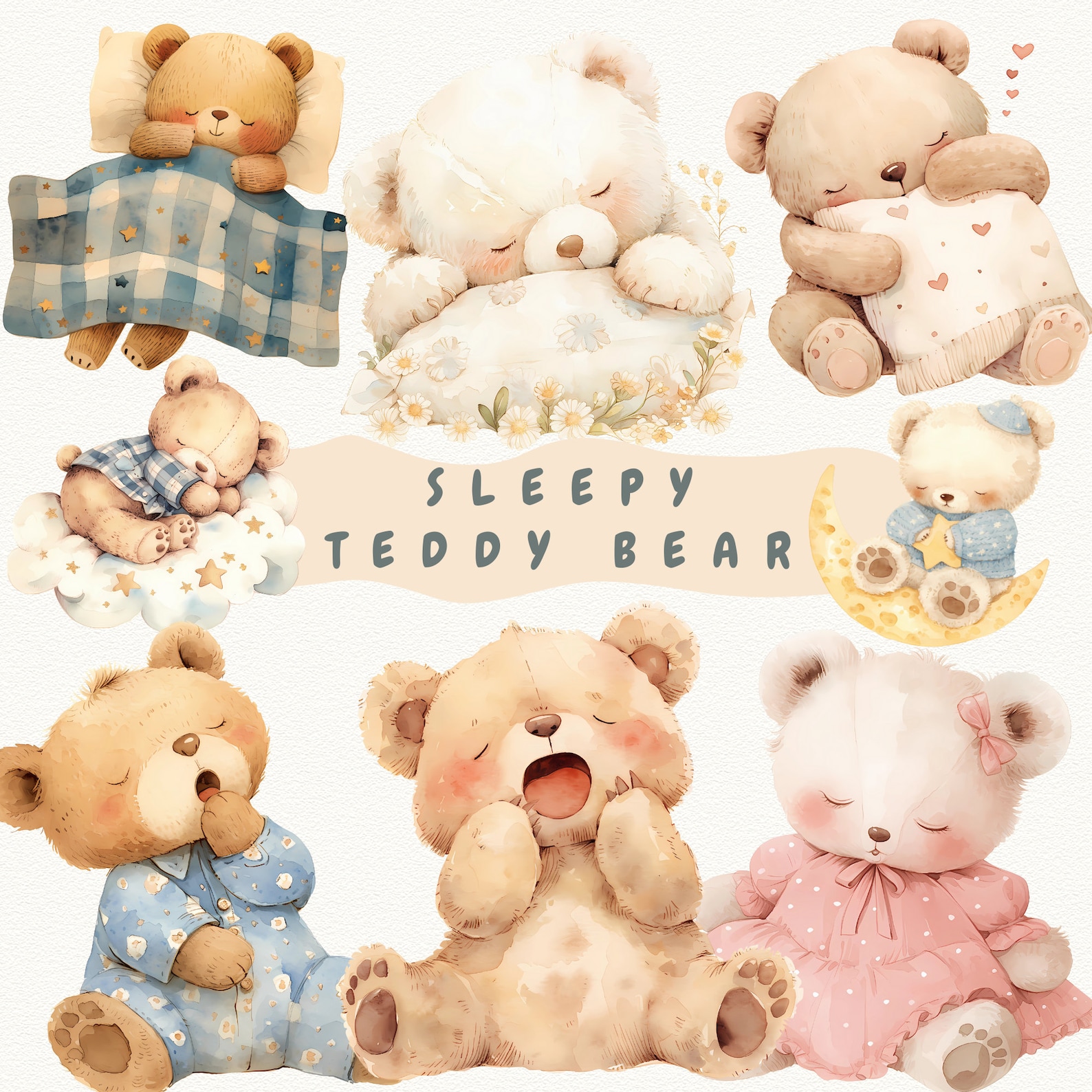 Watercolor Teddy Bear Clipart, Sleeping Teddy Bears, Baby Shower ...
