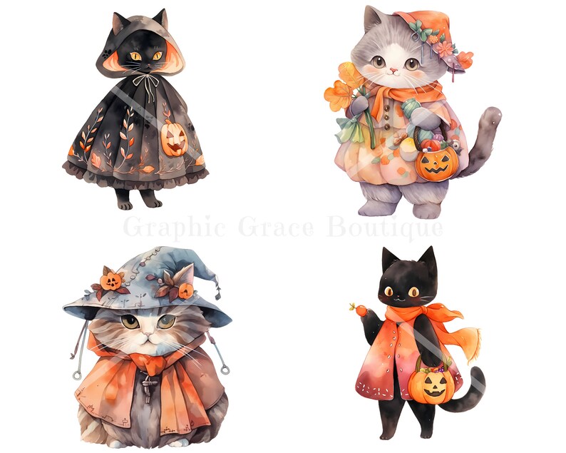 Watercolor Halloween Cat Clipart: Cute Witch, Ghost & Skeleton Pngs - Etsy