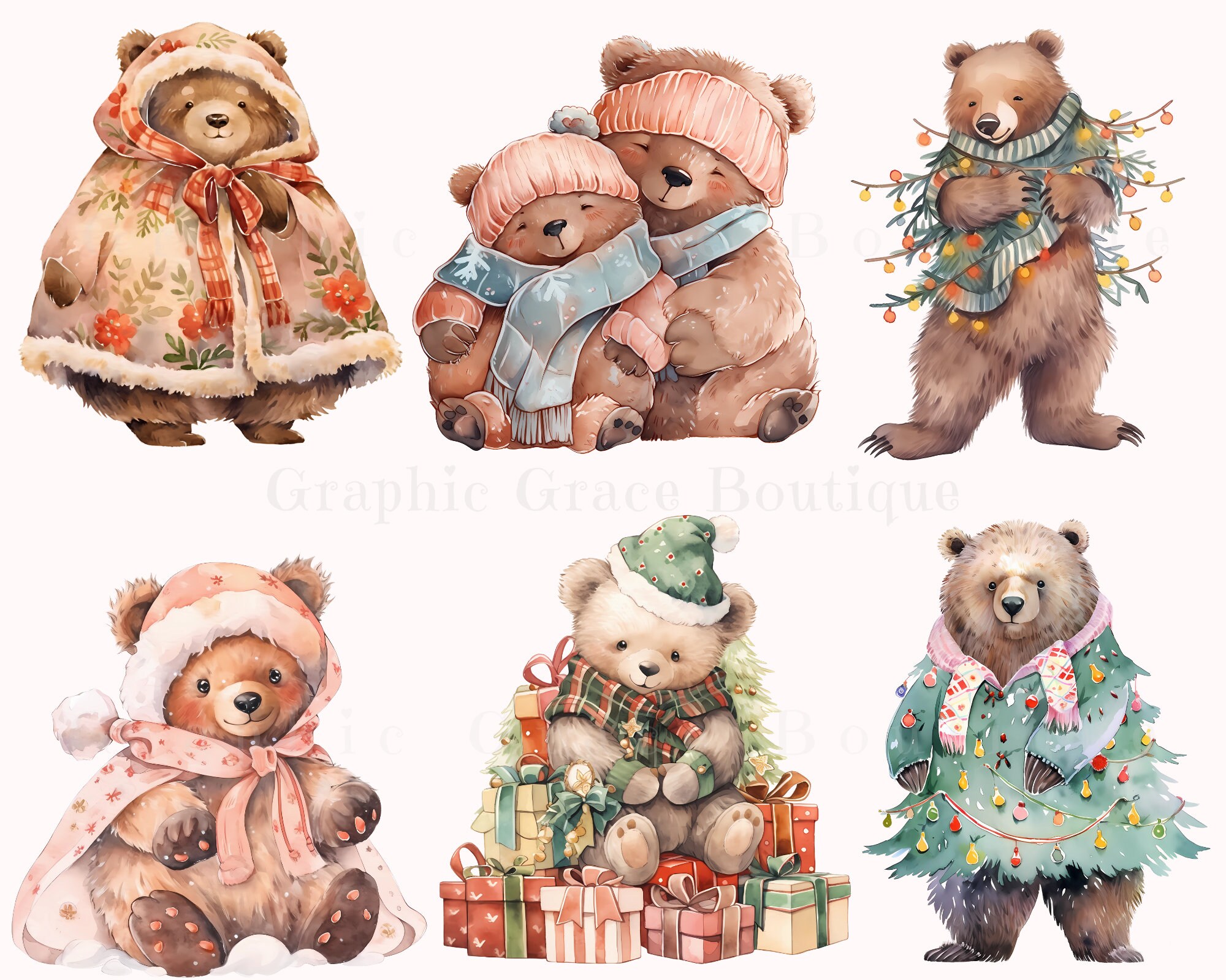 Watercolor Christmas Bears Clipart: Winter Holiday PNG Bundle - Etsy