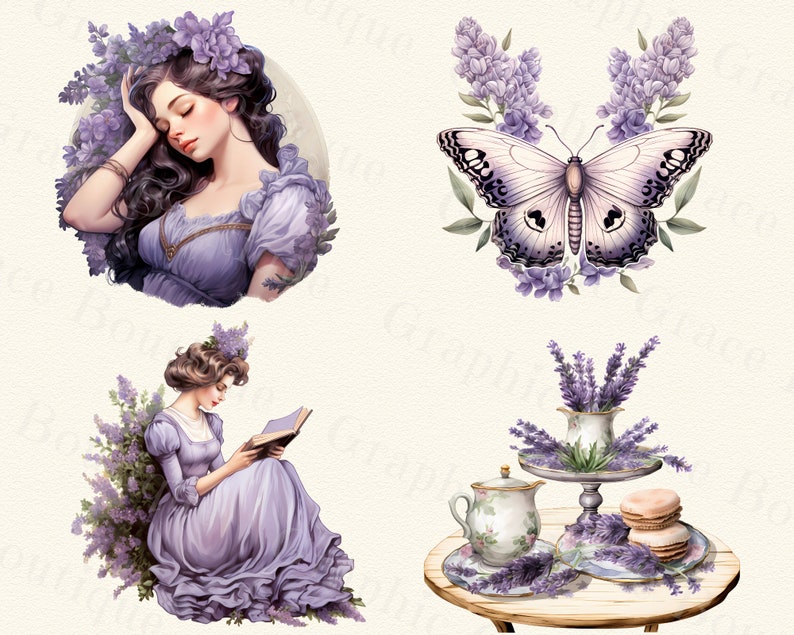 Lavender Lady Clipart Bundle 12 High-resolution PNG, Victorian Lavender ...