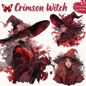 Enchanting Crimson Witch Clipart - Lovely Transparent Portraits and Witchy Objects, Mystical ...