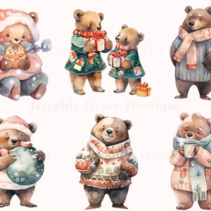 Watercolor Christmas Bears Clipart: Winter Holiday PNG Bundle - Etsy