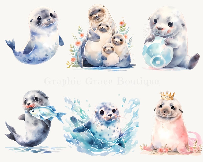 Watercolor Cute Seals - Animals Clipart Cute Nursery Decor Bundle for ...