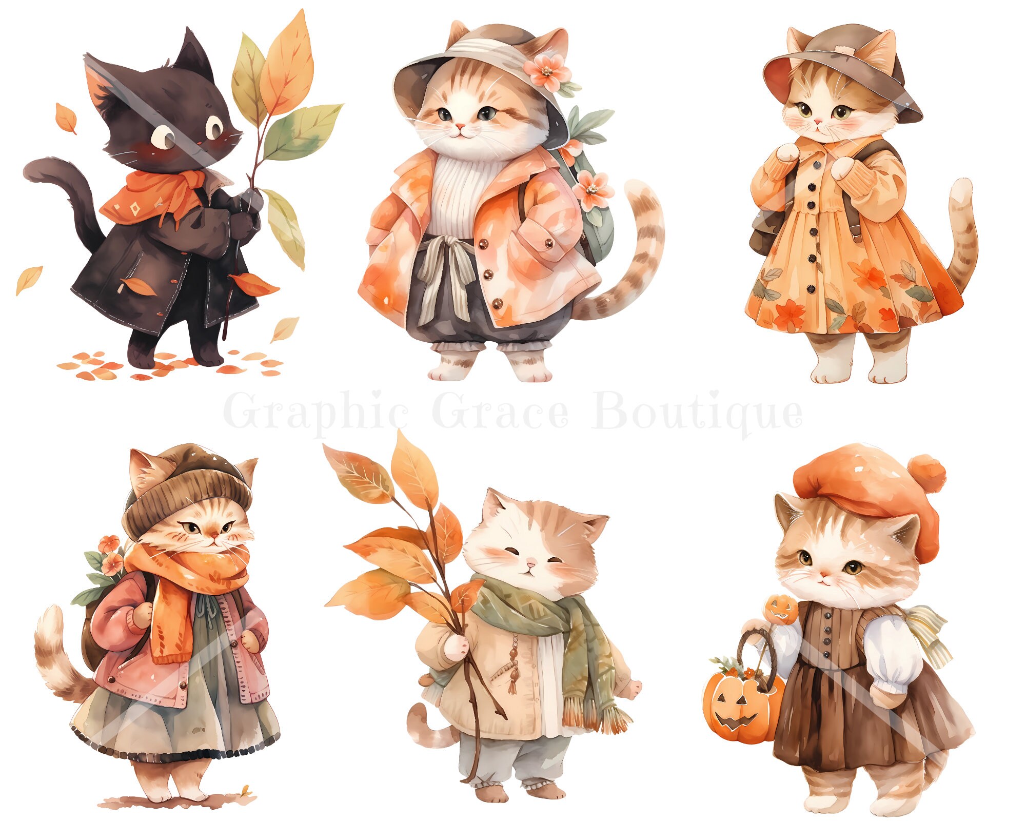 Autumn Cats Watercolor Clipart Bundle 26 High-quality Pngs - Etsy