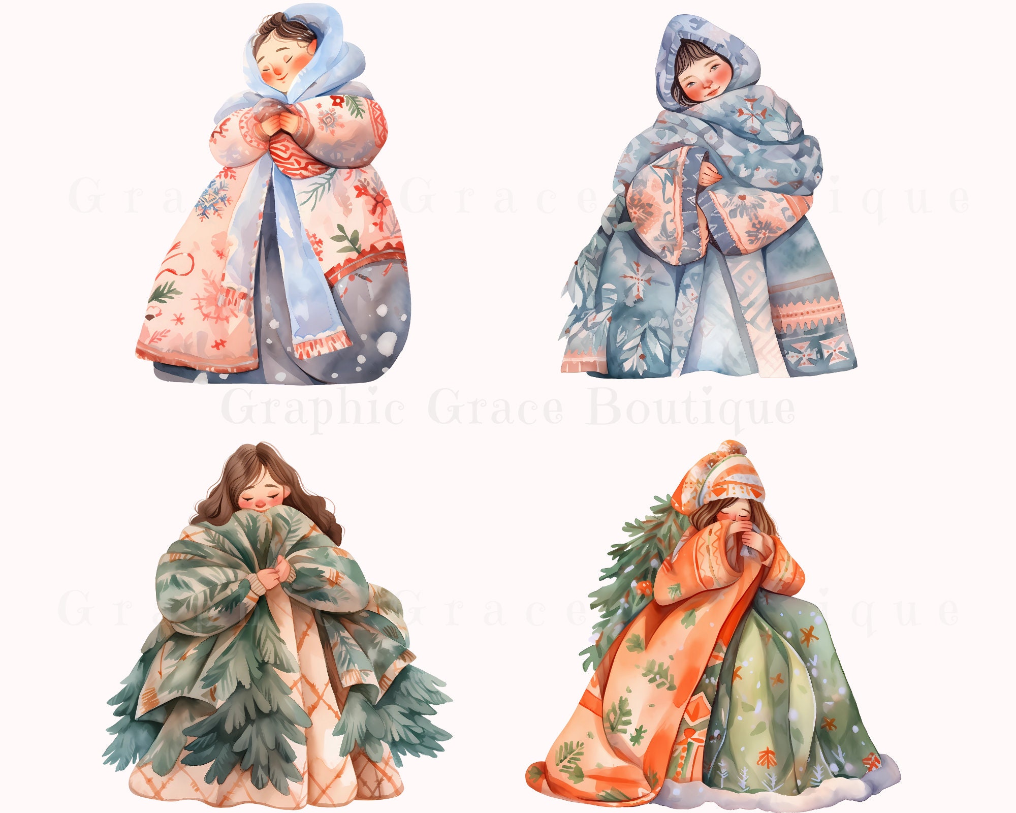 Watercolor Winter Girls With Cozy Blankets Clipart Bundle: - Etsy