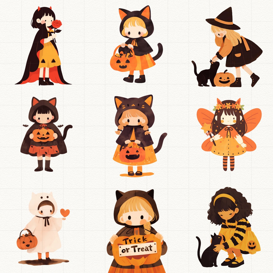 Halloween Girl Clipart Bundle: Watercolor Witch, Pumpkin, Ghost (PNG ...
