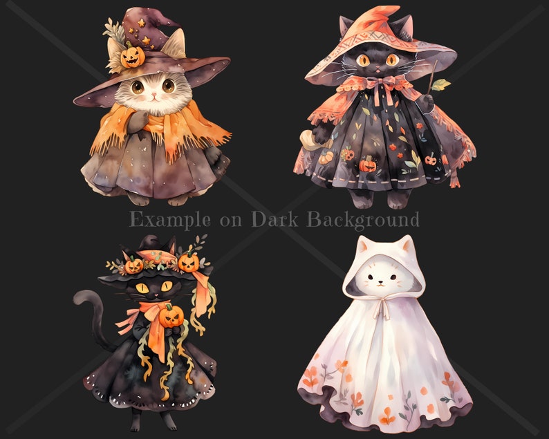 Watercolor Halloween Cat Clipart Bundle: Cute Cats in Witch Hats ...
