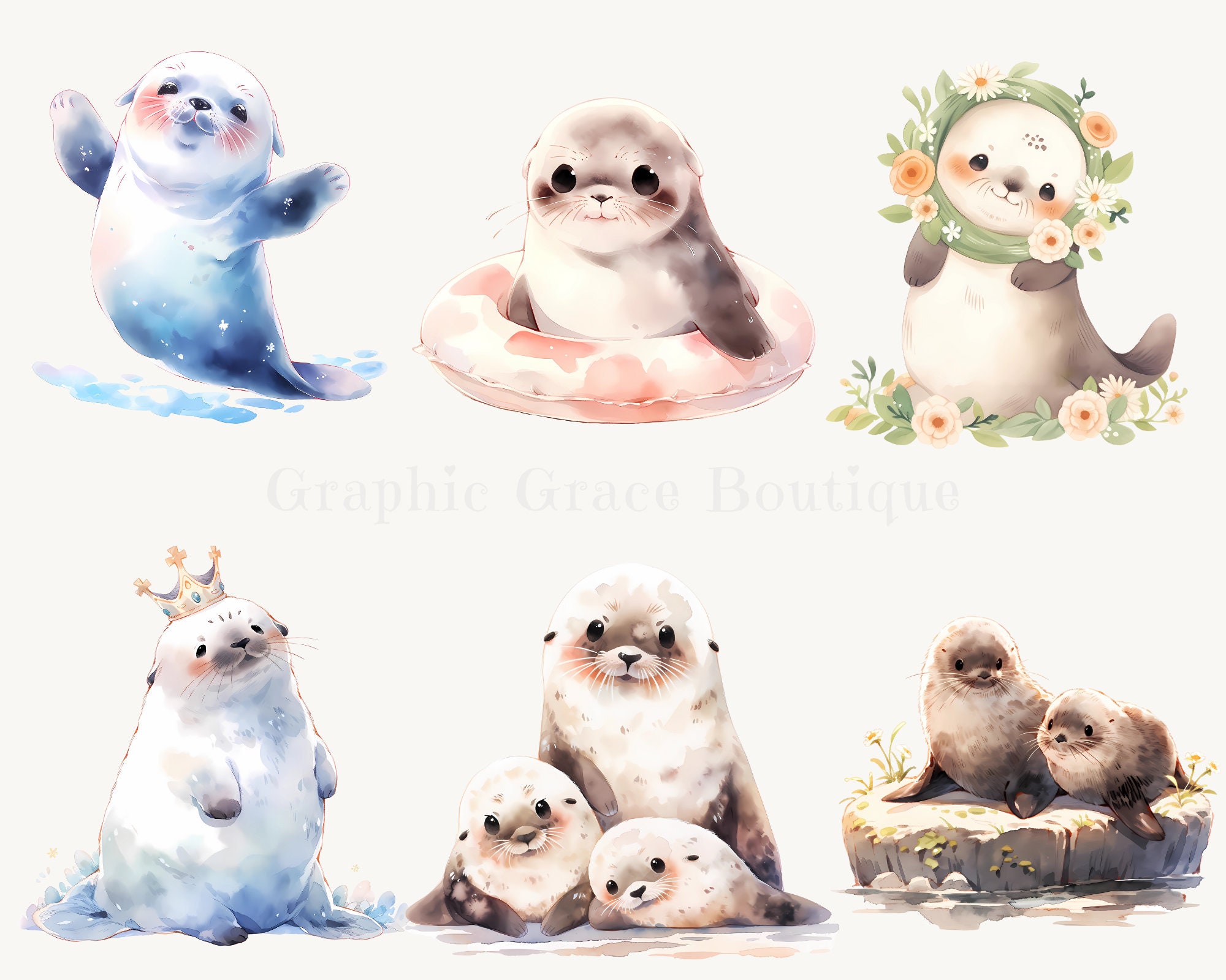 Watercolor Cute Seals - Animals Clipart Cute Nursery Decor Bundle for ...