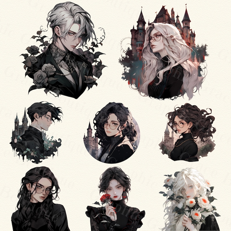 Gothic Dark Academia Clipart Bundle PNG Dark Academia Portraits, Books ...