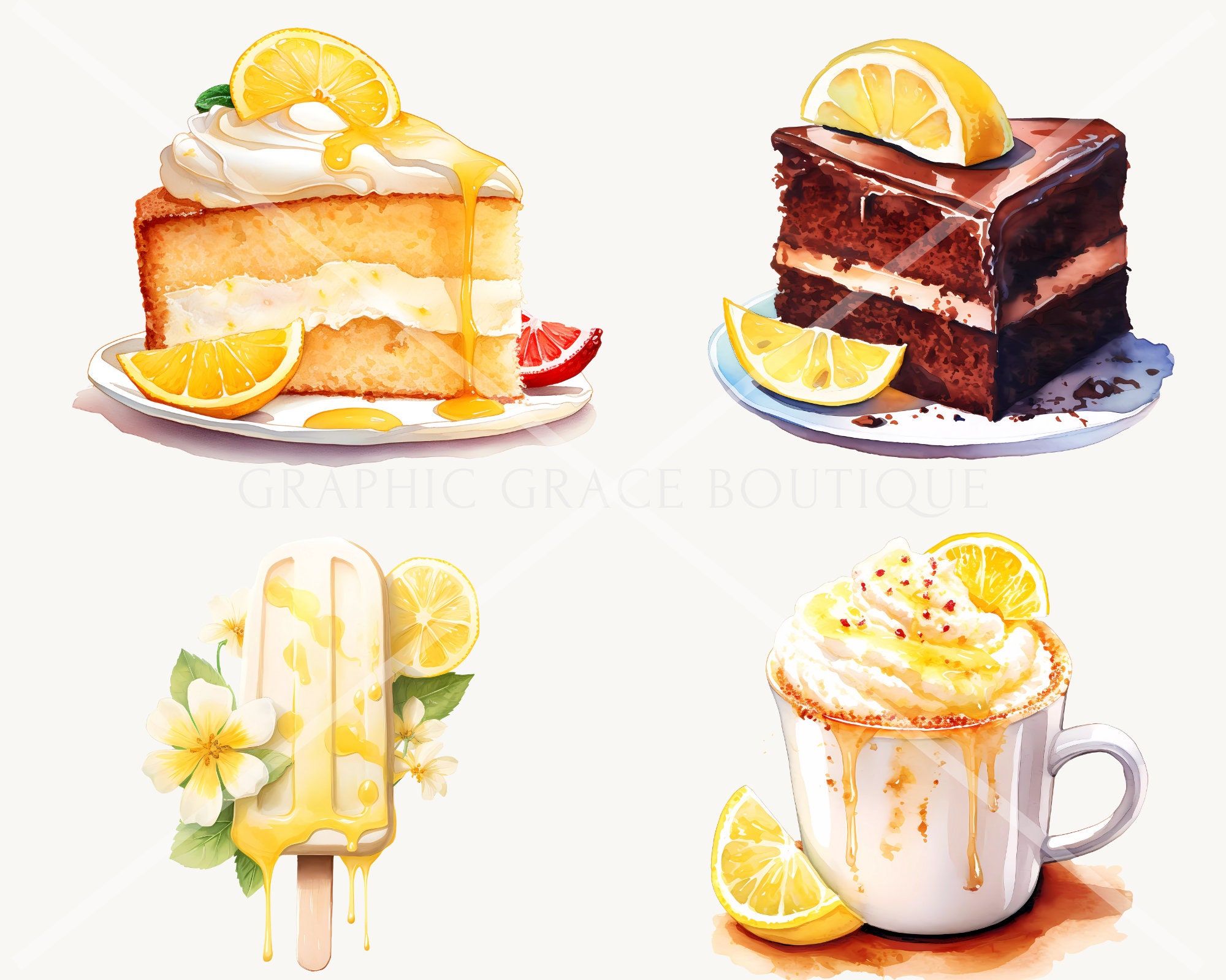 Watercolor Lemon Dessert Clipart Bundle: Commercial Use (instant ...