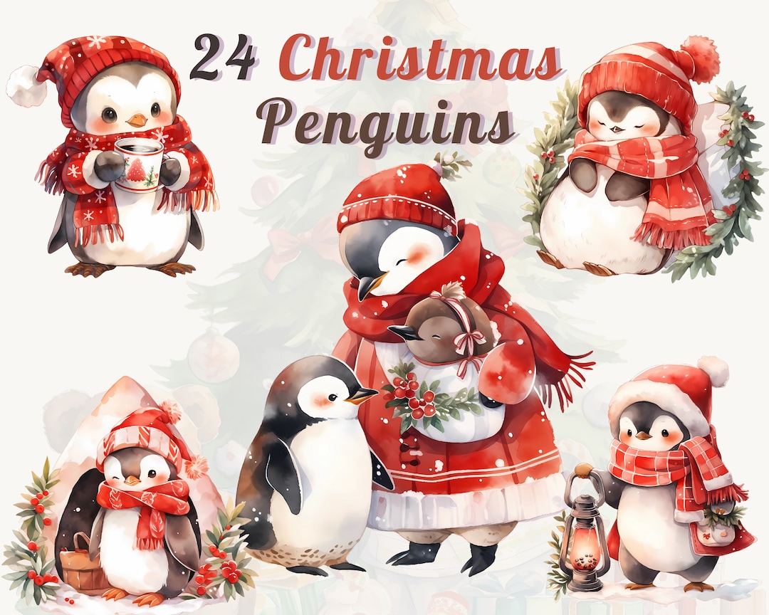 Watercolor Christmas Penguins Clipart Bundle: Cute Penguins in Winter ...