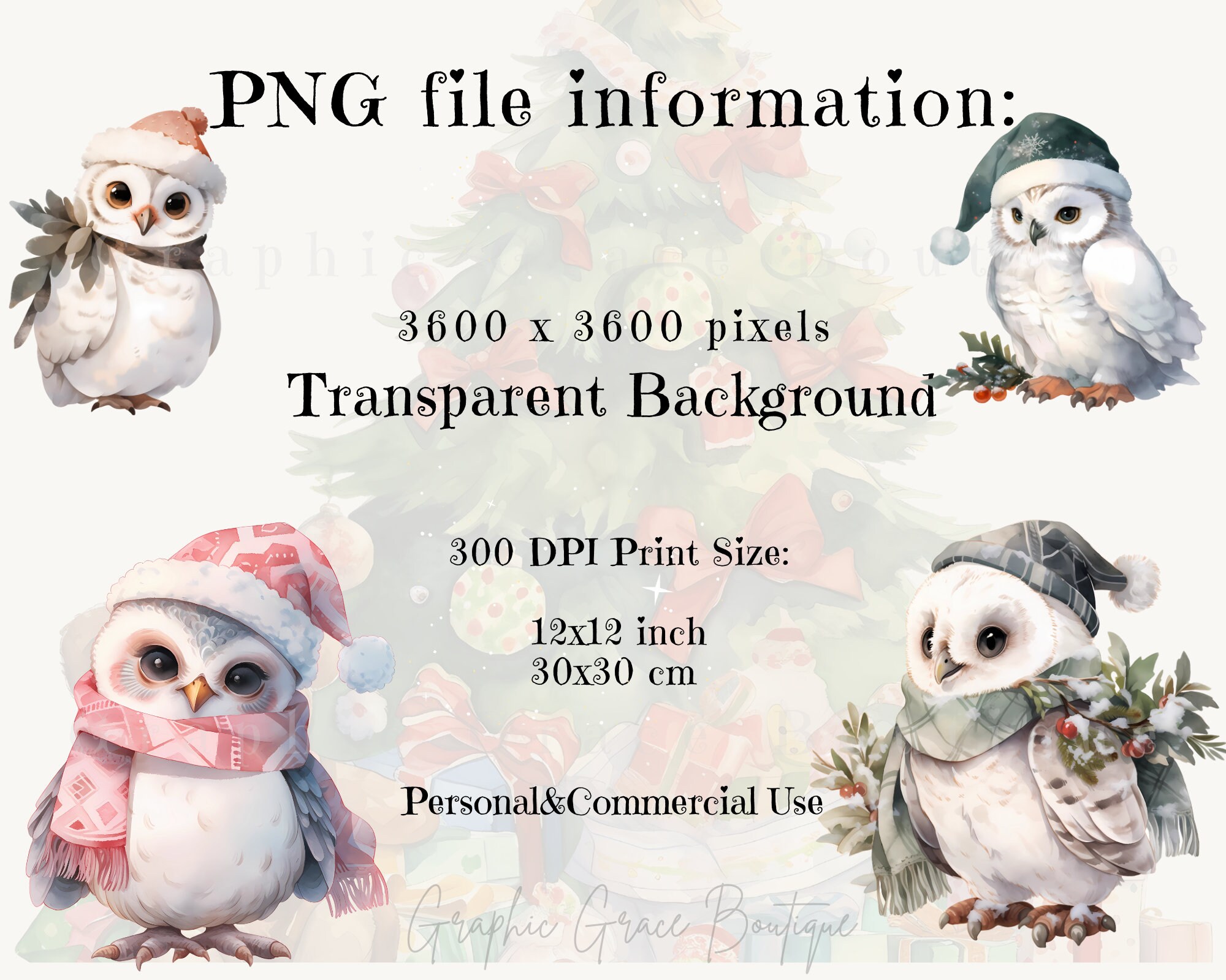 Watercolor Christmas White Owl Clipart Bundle: Cute Owls in Winter ...