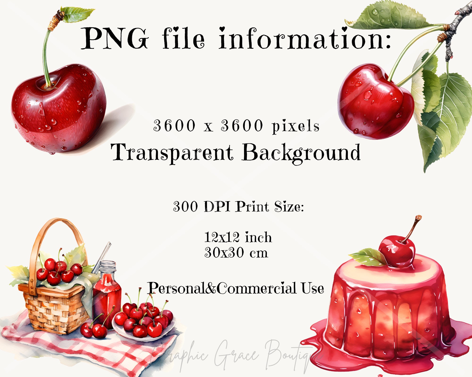 Watercolor Cherry Clipart Bundle: PNG Images of Fresh - Etsy